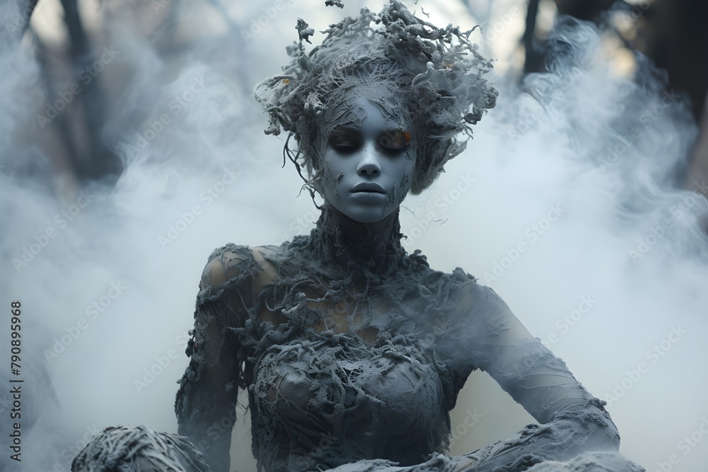 Female Surreal character turning into ashes under the smoke of ...