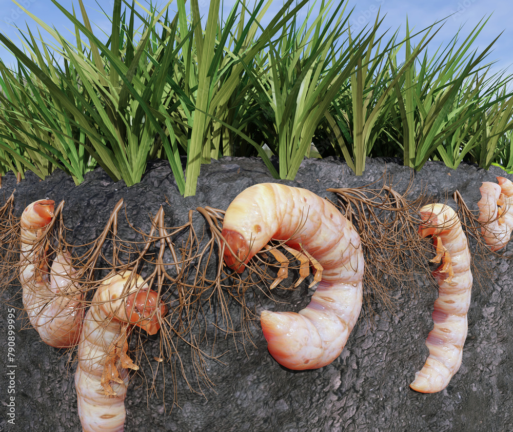 A cut-away 3D illustration of underground White Grubs devouring grass ...