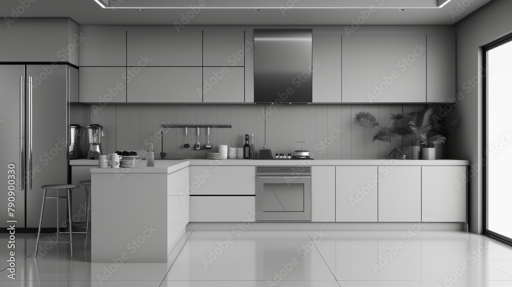 Monochrome kitchen with an all-gray color scheme, showcasing varying ...
