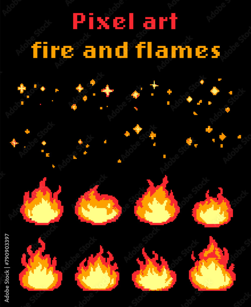 Pixel art 8-bit fire flames flashes and cartoon sparks set, isolated on ...