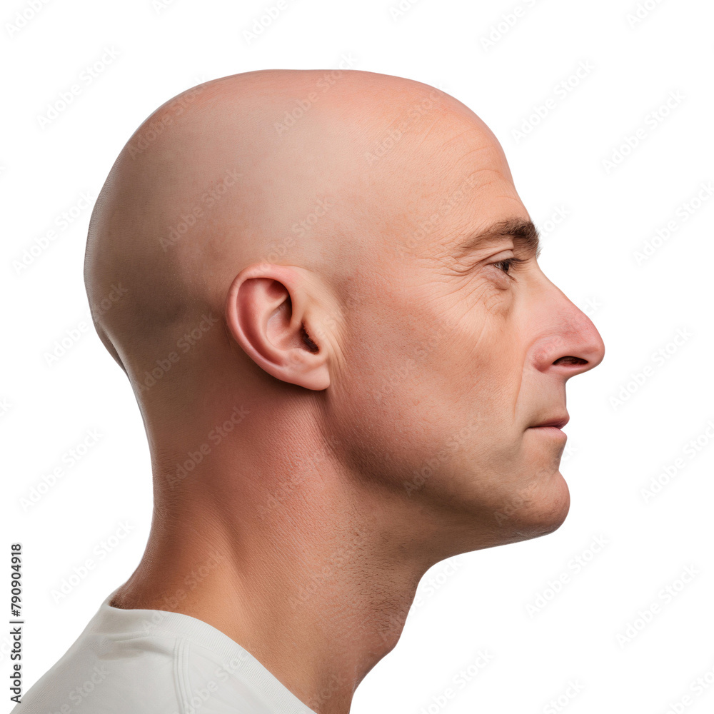 Portrait of a bald man head side view, isolated on transparent ...