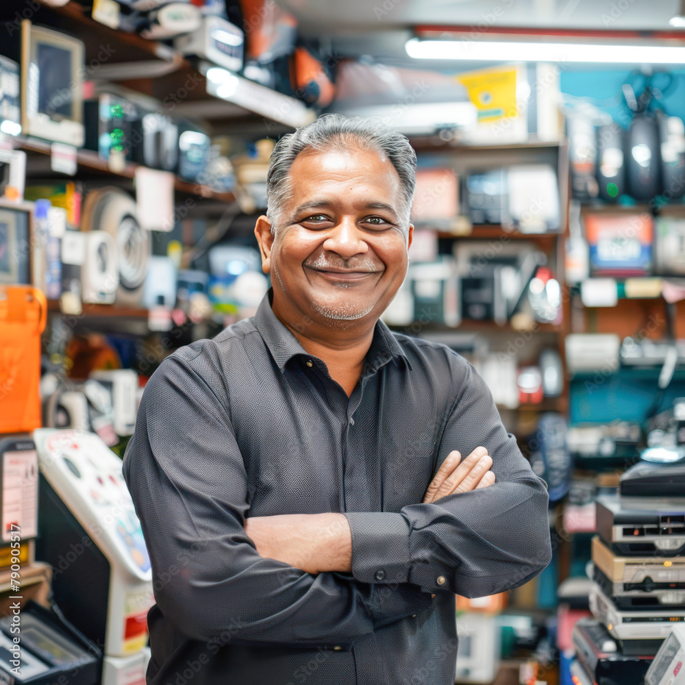 indian senior man electronic store owner standing confidently Stock ...