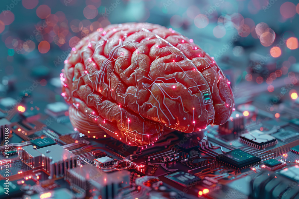 Human brain with implanted chip implanted, Neural connection to ...