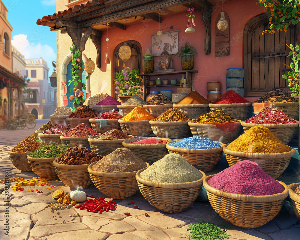 Exotic spice market scene in vibrant 3D vectors, overflowing baskets of ...