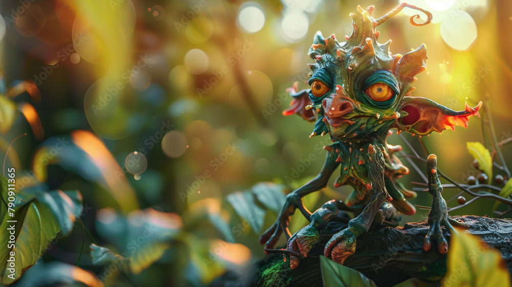 Mischievous goblin in a forest setting, playful and cunning, crafted in ...