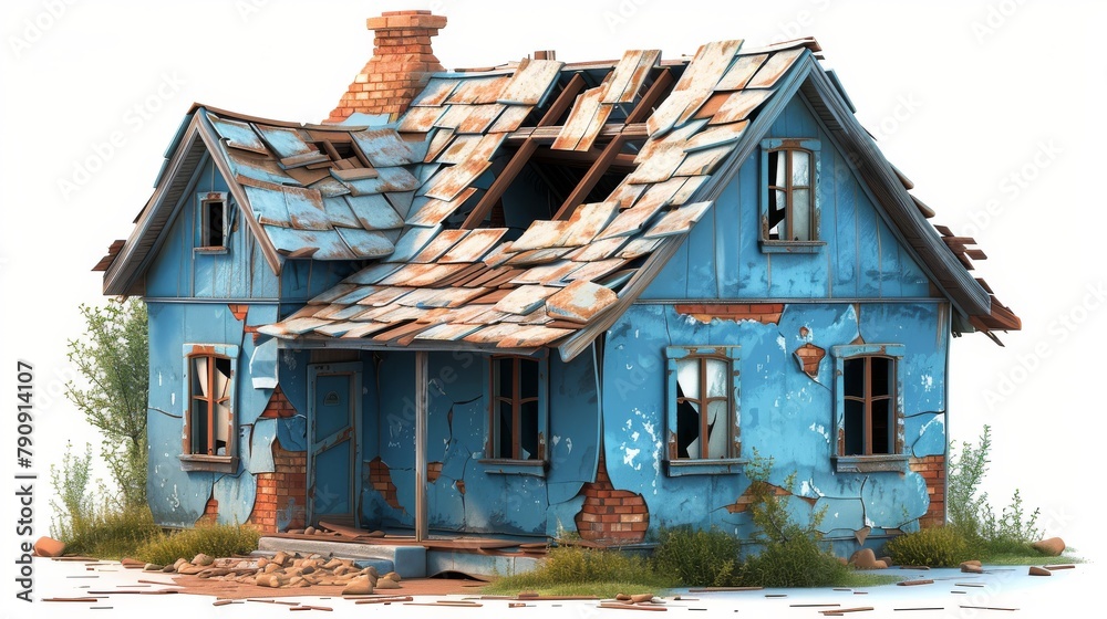 a cartoon house with broken shingles and holes in the roof and boards ...