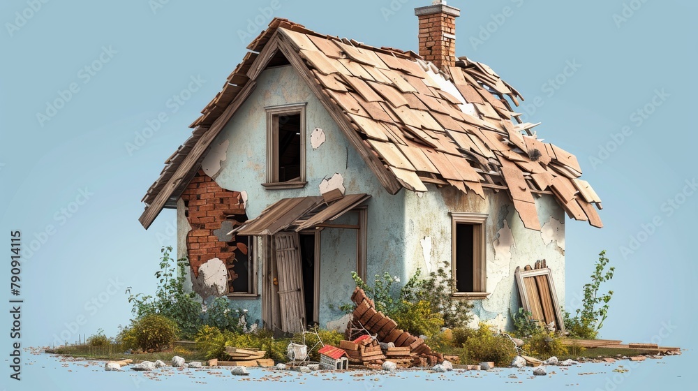 a cartoon house with broken shingles and holes in the roof and boards ...