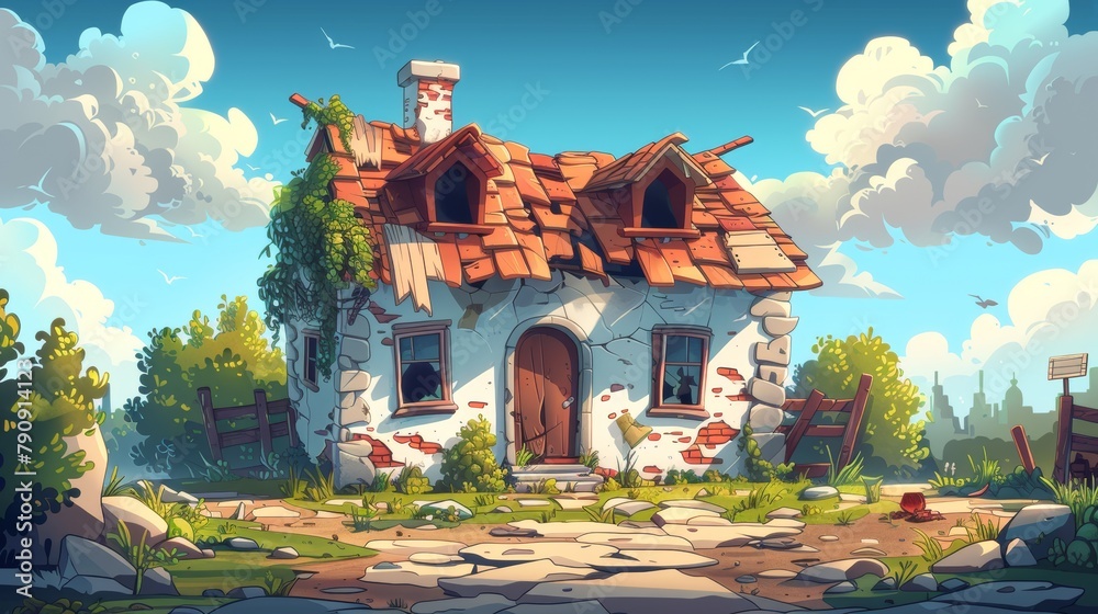 a cartoon house with broken shingles and holes in the roof and boards ...