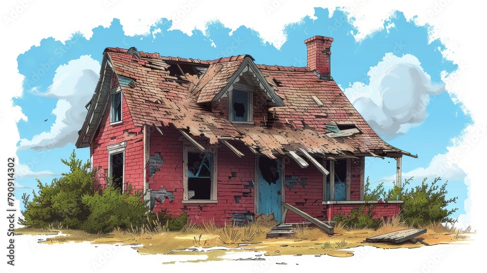 a cartoon house with broken shingles and holes in the roof and boards ...