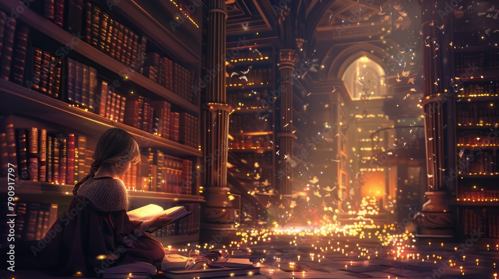 sense of magic and enchantment as a child reads a storybook in a ...