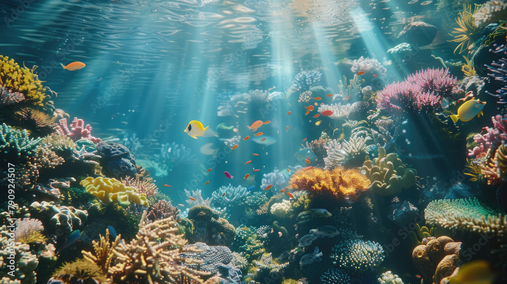An underwater view showcasing a colorful and diverse coral reef teeming ...