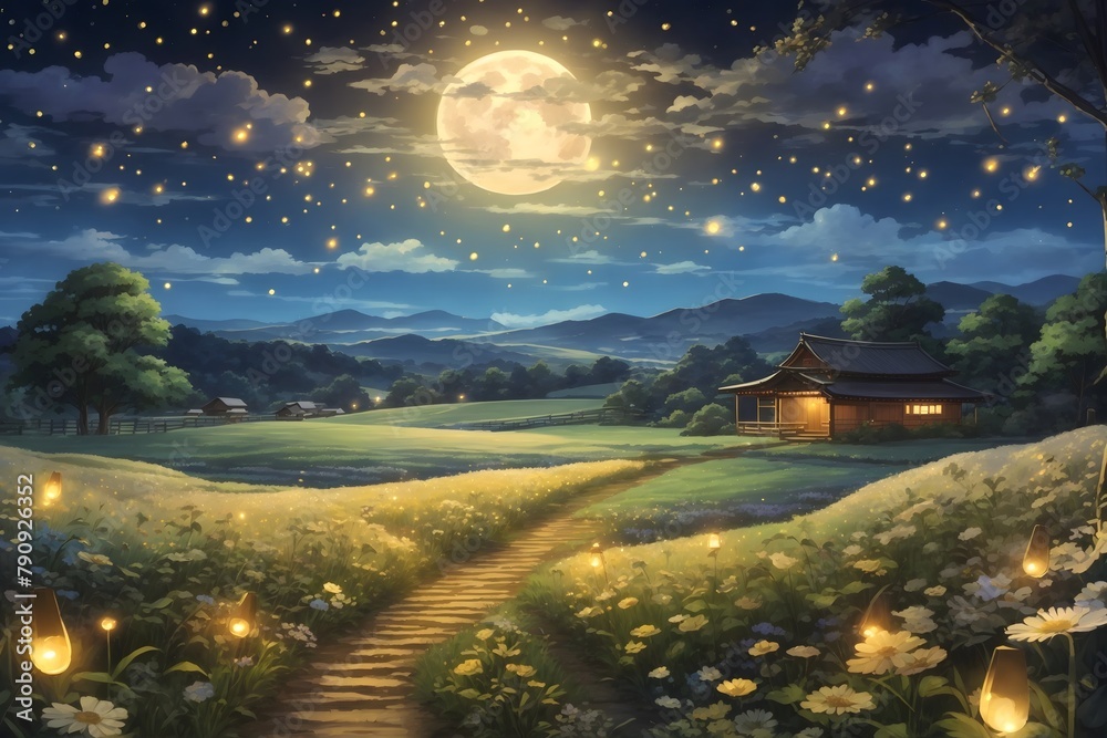 Beautiful Moon Night Landscape Illustration, Full Moon Starry Night ...