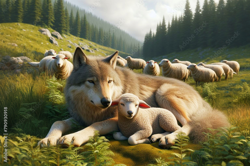 The wolf lies peacefully with the lamb in the lap of nature, a biblical ...