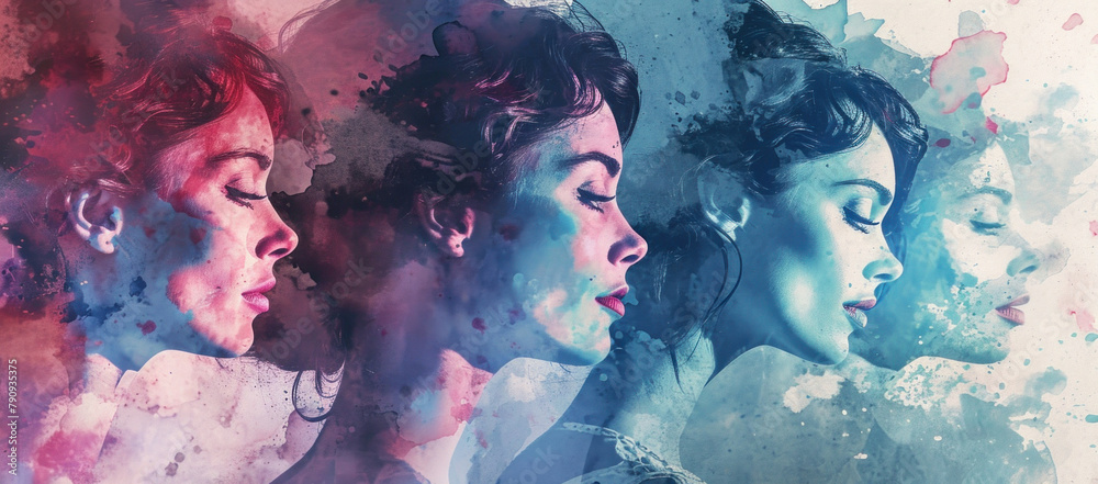 Portrait of three women with expressive watercolor paint splatters on ...