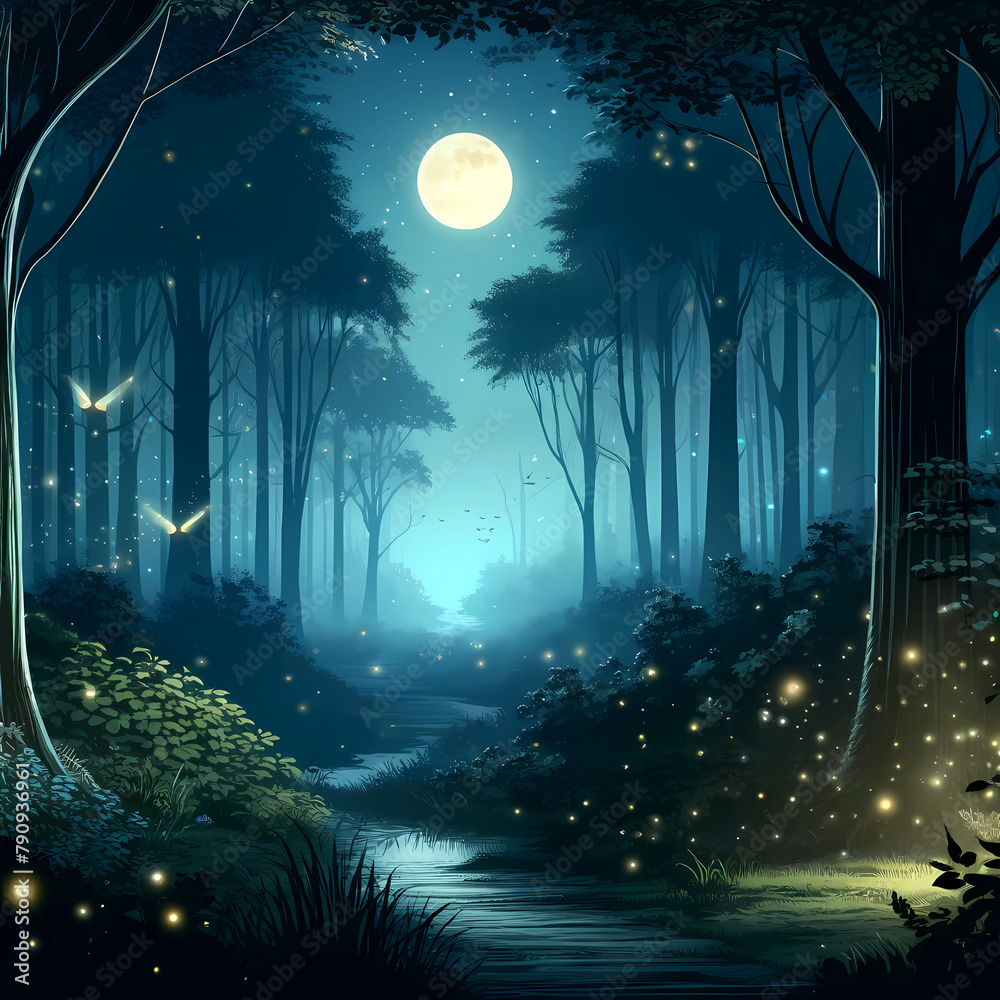 Magical Moonlit Forest with Fireflies and Enchanted Pathway Stock ...