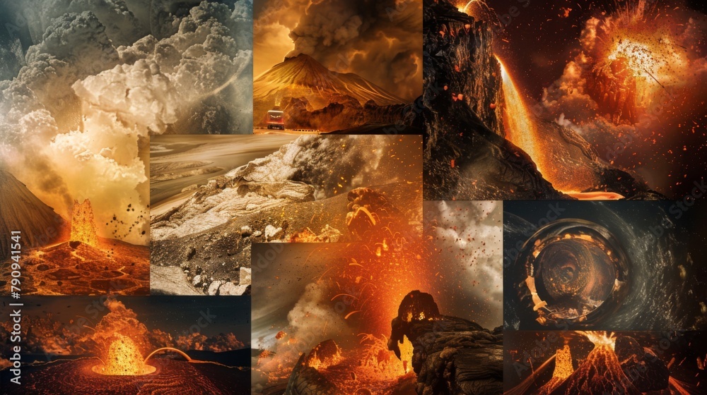 A collage of images documenting the stages of a volcanic eruption, from ...