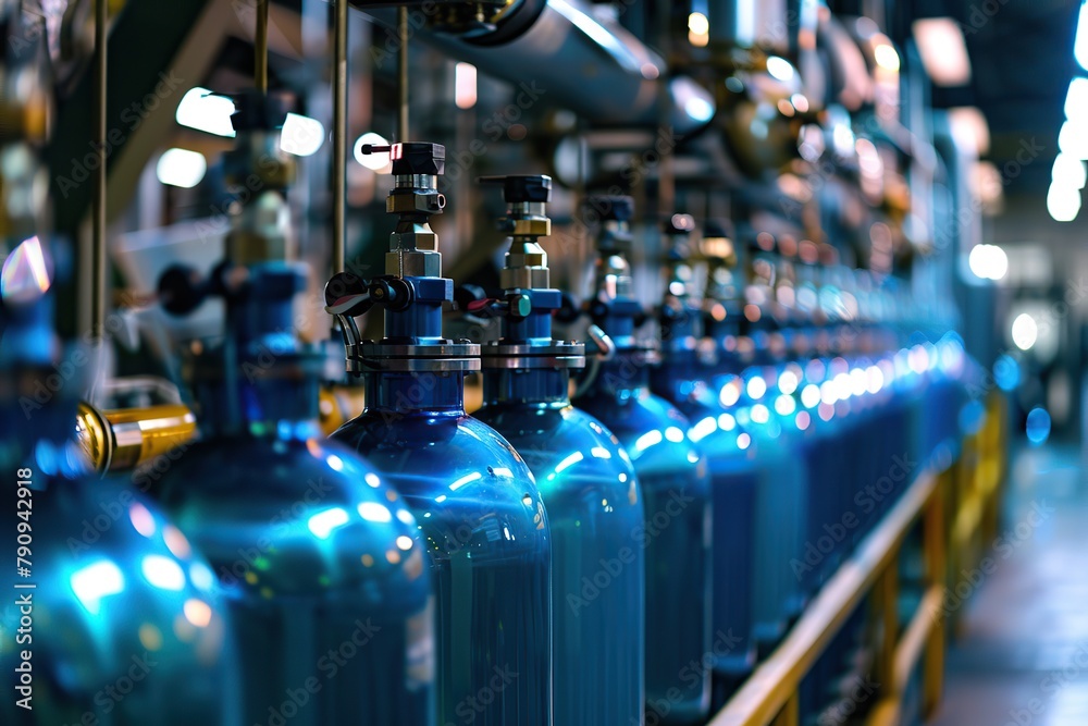 Blue oxygen tanks. Bundle of gas cylinder and high pressure gauges ...