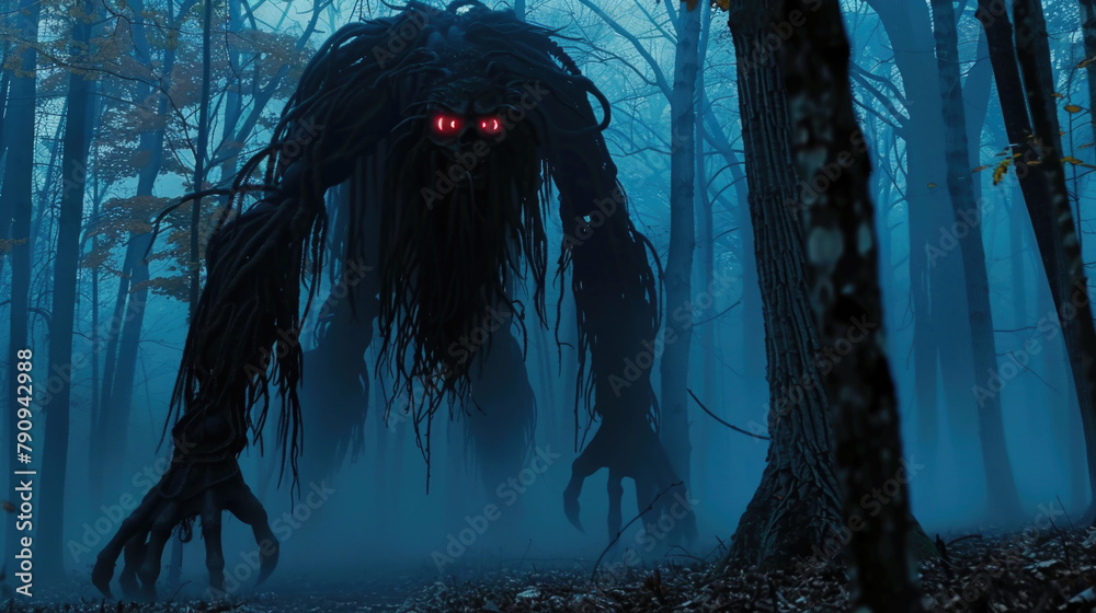 A spooky monster lurking in the dark woods, its eyes glowing red with ...