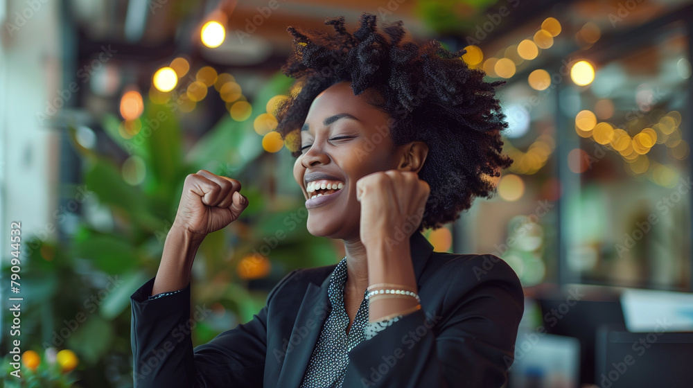 Winner. Happy black female entrepreneur winning new business client at ...