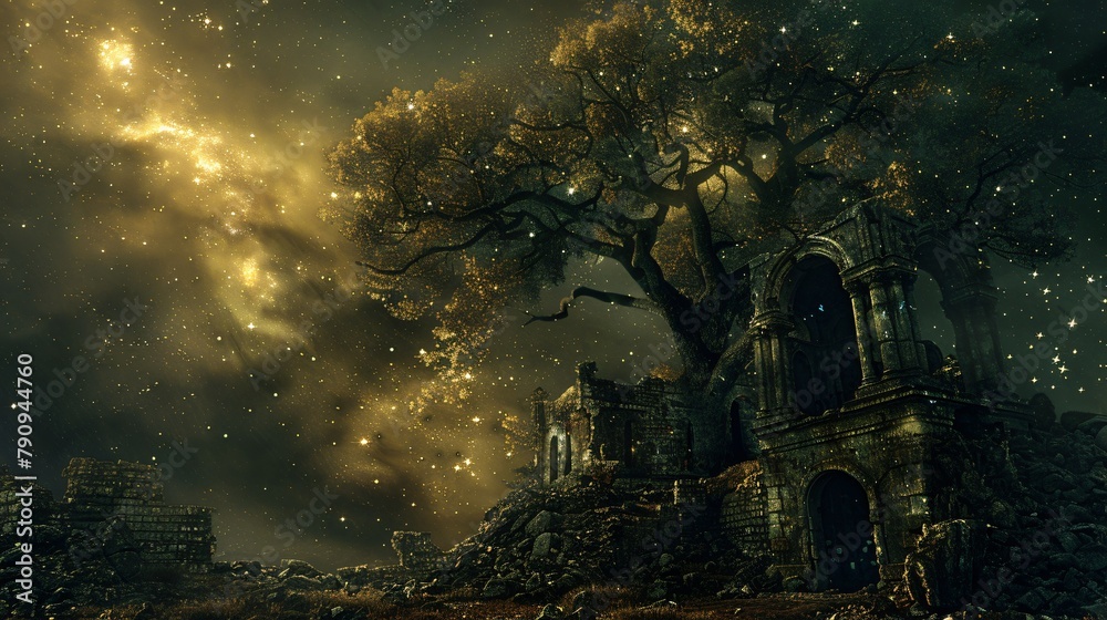 Ancient trees with roots entwined around time worn ruins guardians of ...