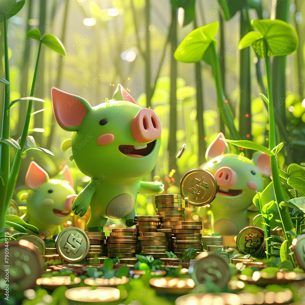 Animated green pigs navigating through a fantasy world of gigantic coin ...