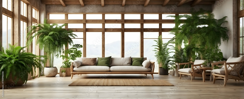 Minimal Rustic Radiance: A Living Room with Exposed Beams and Sunroom ...
