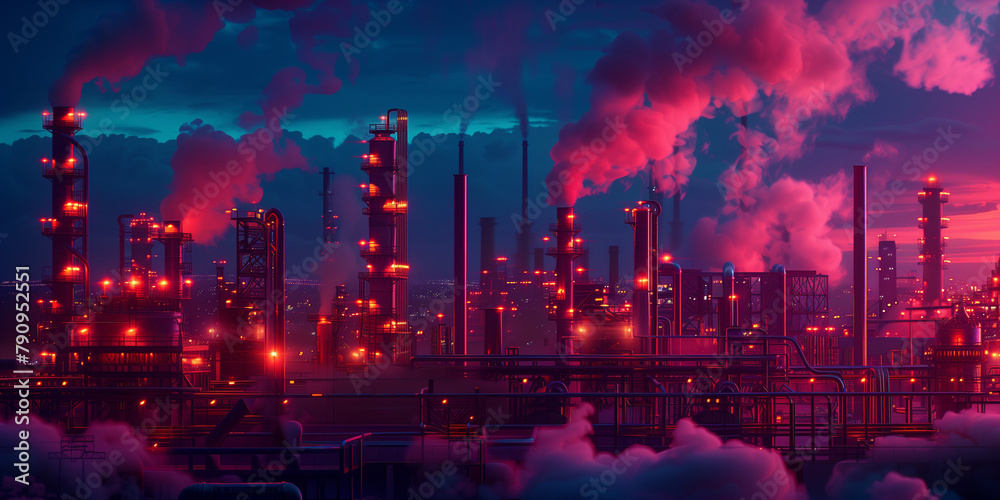Night factory concept poster background. Night plant with pipes and ...