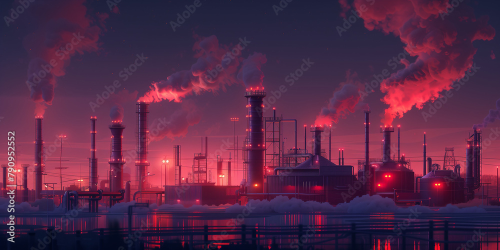 Night factory concept poster background. Night plant with pipes and ...