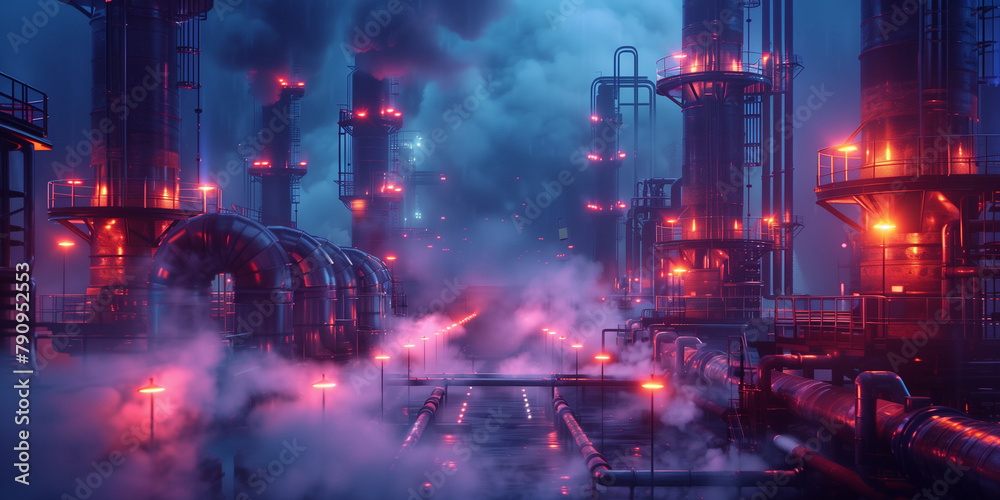 Night factory concept poster background. Night plant with pipes and ...