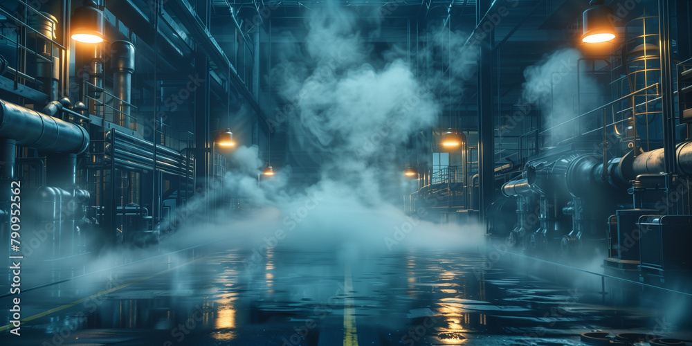 Night factory concept poster background. Night plant with pipes and ...