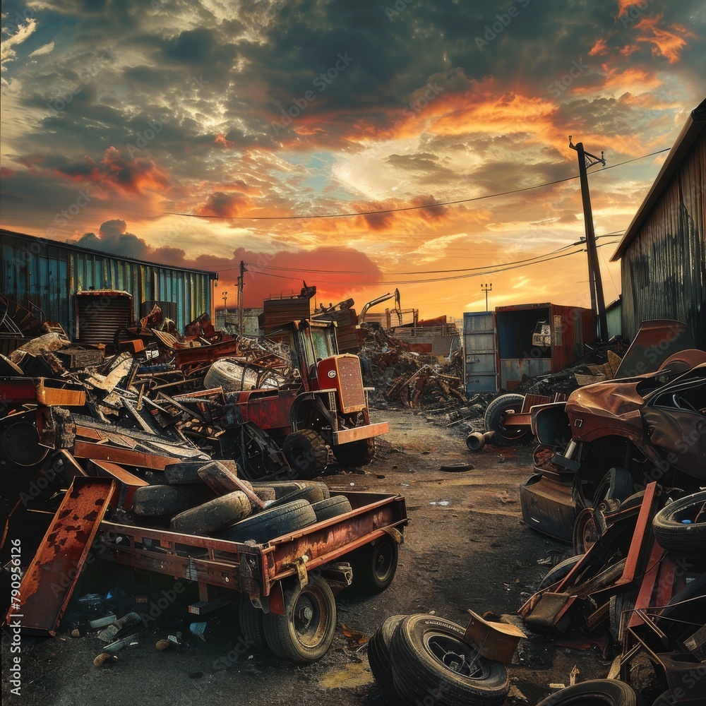 The picture depicts a cluttered junkyard with scattered debris, old ...