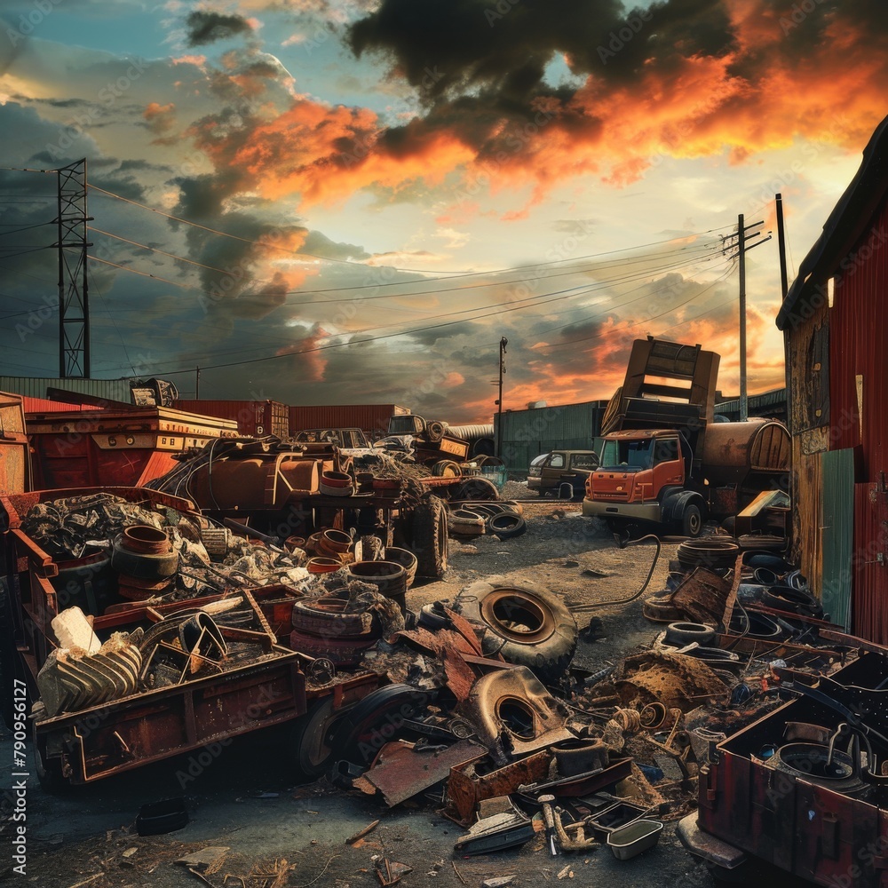 The picture depicts a cluttered junkyard with scattered debris, old ...