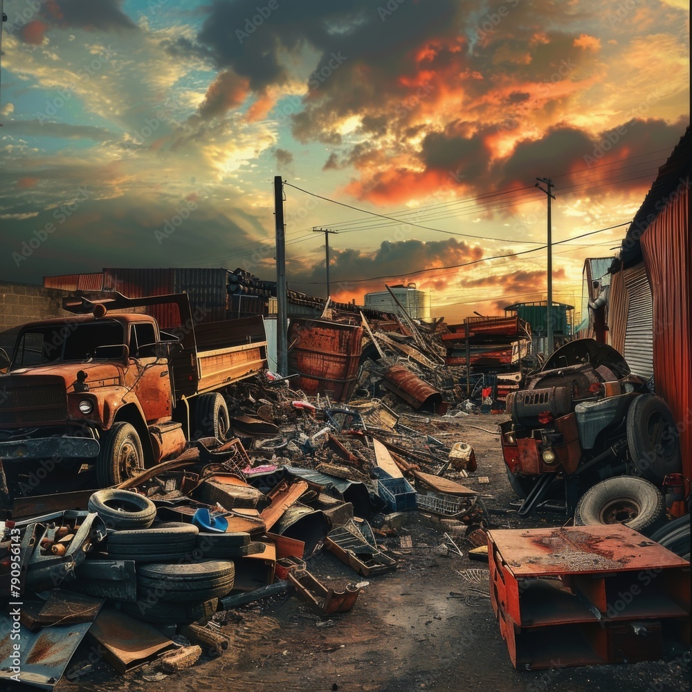 The picture depicts a cluttered junkyard with scattered debris, old ...