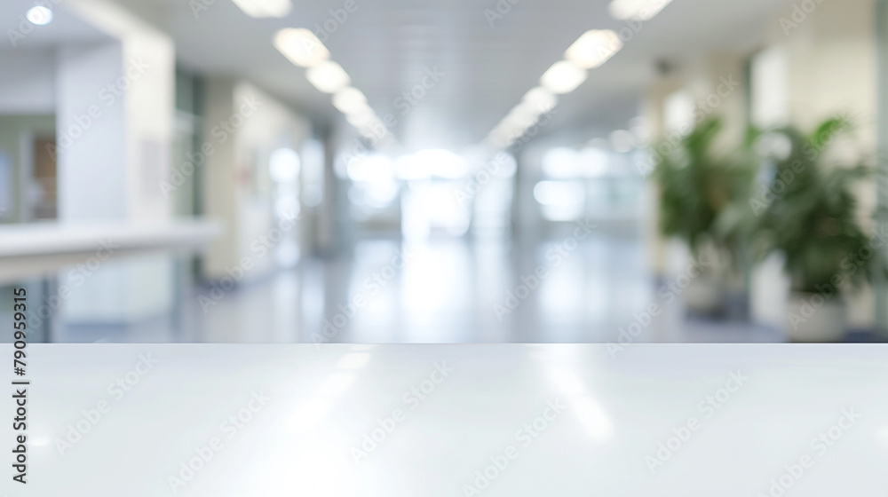 Empty blank white table top counter with blurred hospital clinic ...