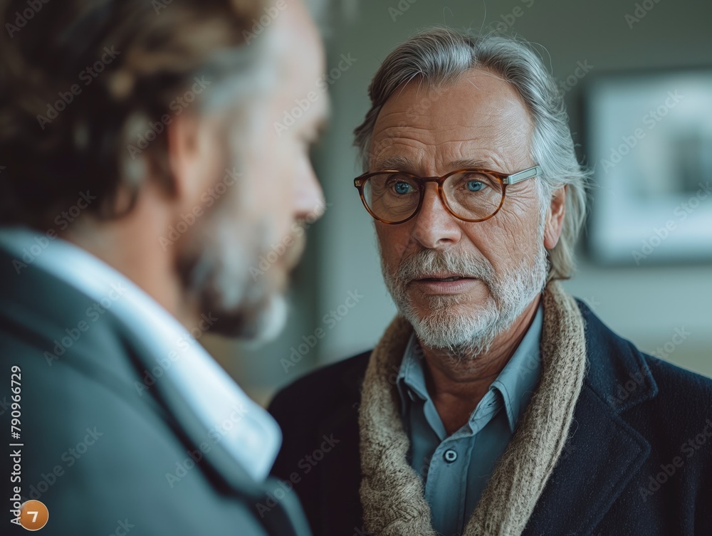 Two men are talking to each other. One of them is wearing glasses. The ...