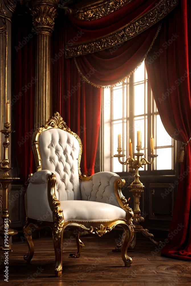 Old white and gold Royal chair with red curtains and candelabra in ...