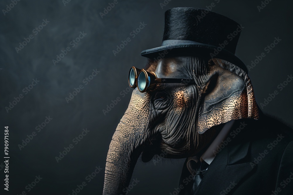 Sophisticated elephant wearing a monocle and top hat depicted in a ...
