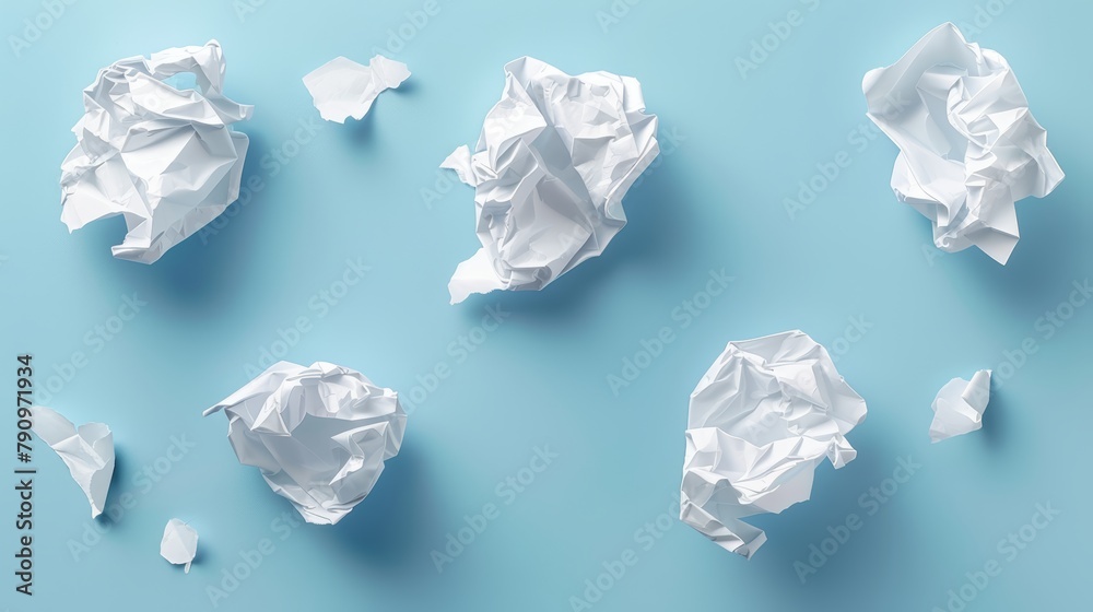 Several pieces of white crumpled paper dramatically highlighted on a ...