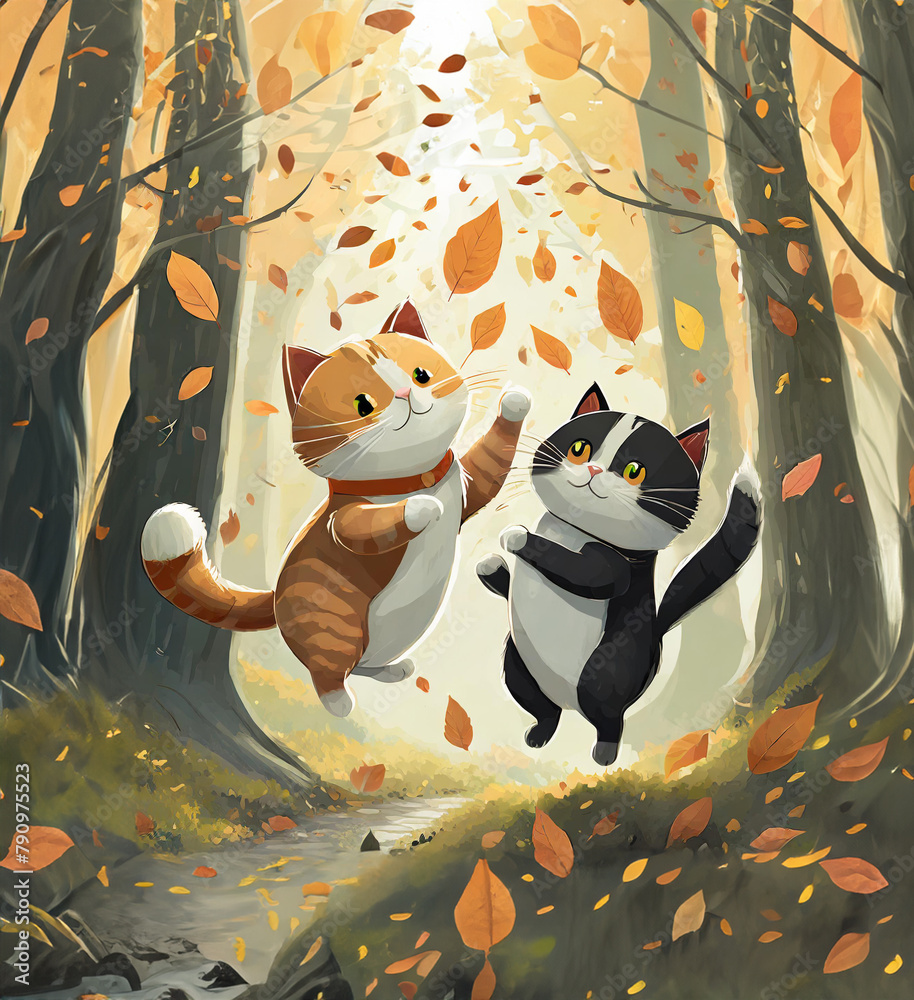 Happy cute cats flying through the forest with leave falling, soft ...