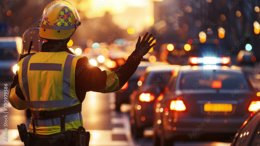 A traffic police officer directing vehicles with hand signals, ensuring ...