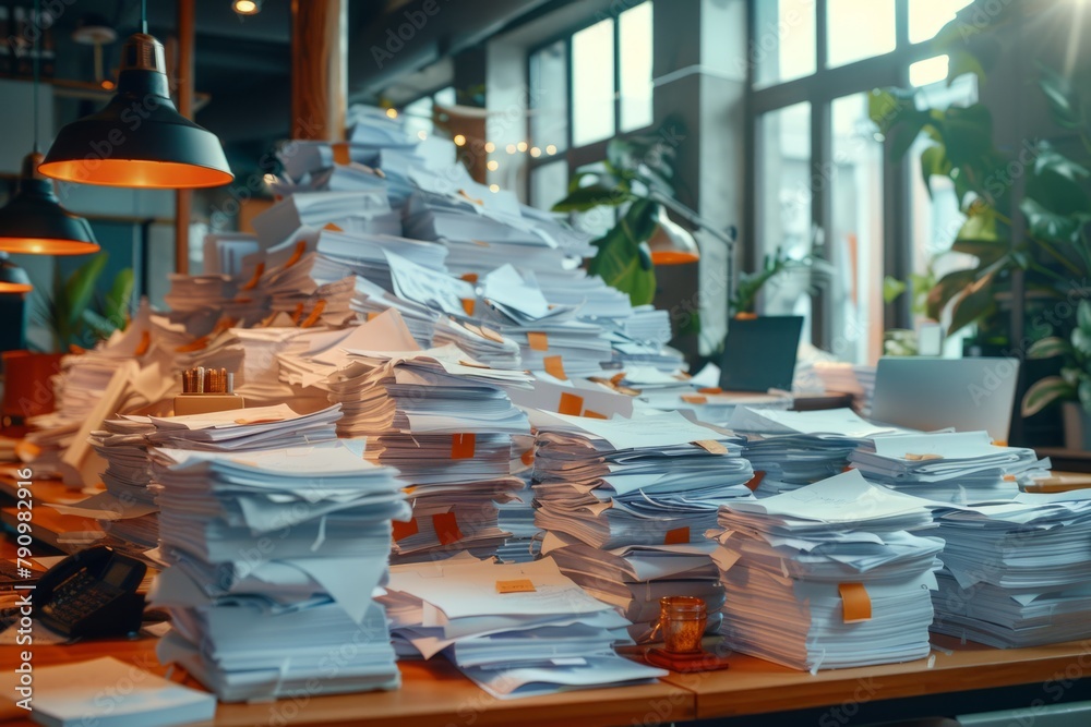 Piles of paper office filled with paperwork full archive file documents ...