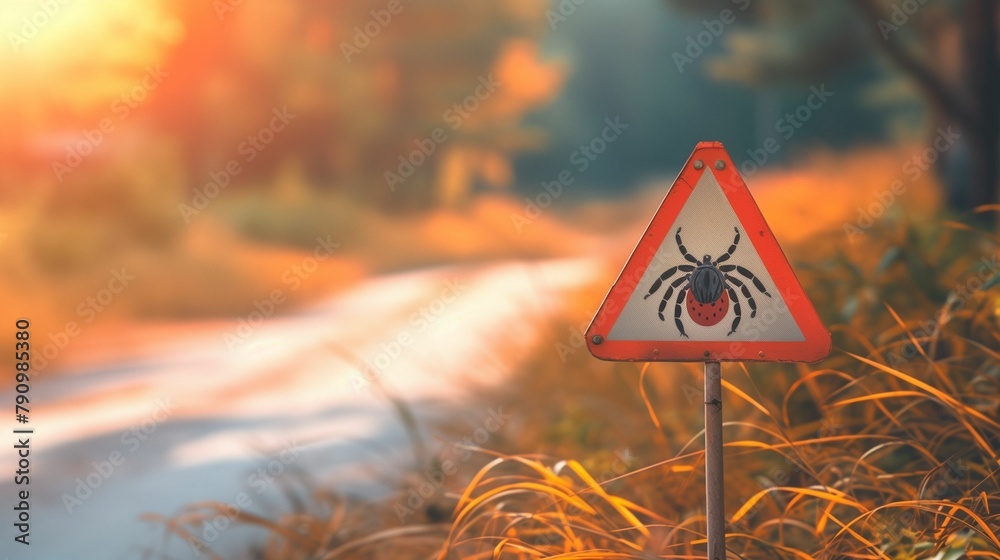 Beware of Ticks triangle warning sign, risk of Encephalitis Virus or ...