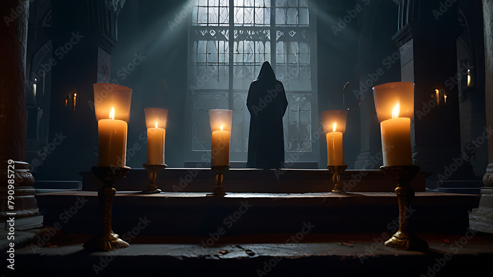 In a dimly lit chamber, hooded figures chant around an ancient stone ...