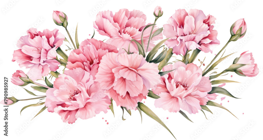 Bouquet of watercolor carnation flowers on transparent background. For ...