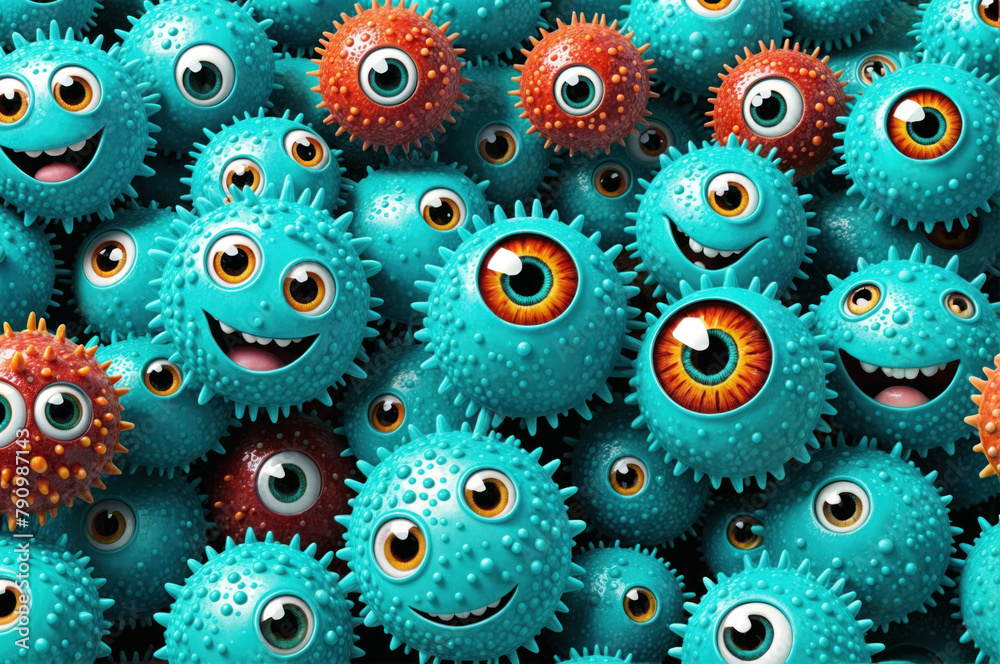 Group of cartoon monsters. Funny smiling microbes. Microorganisms ...