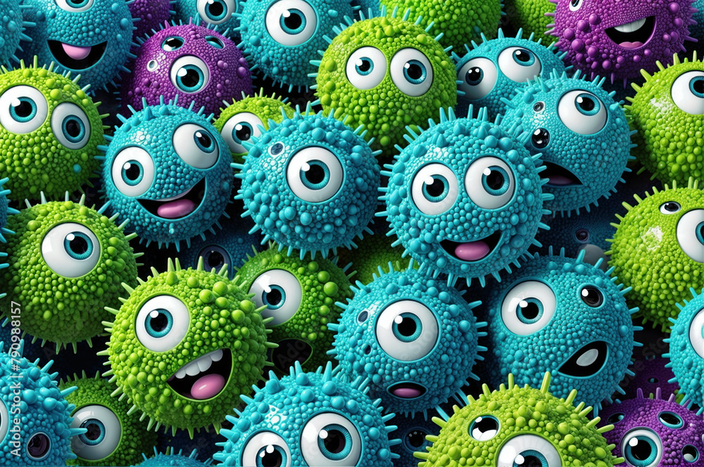Group of cartoon monsters. Funny smiling microbes. Microorganisms ...