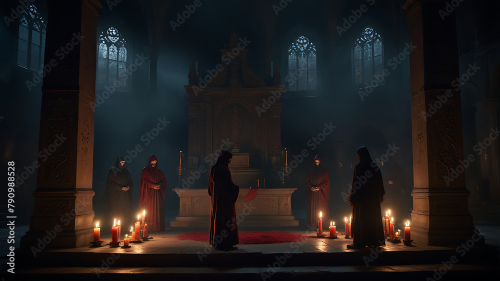 In a dimly lit chamber, hooded figures chant around an ancient stone ...