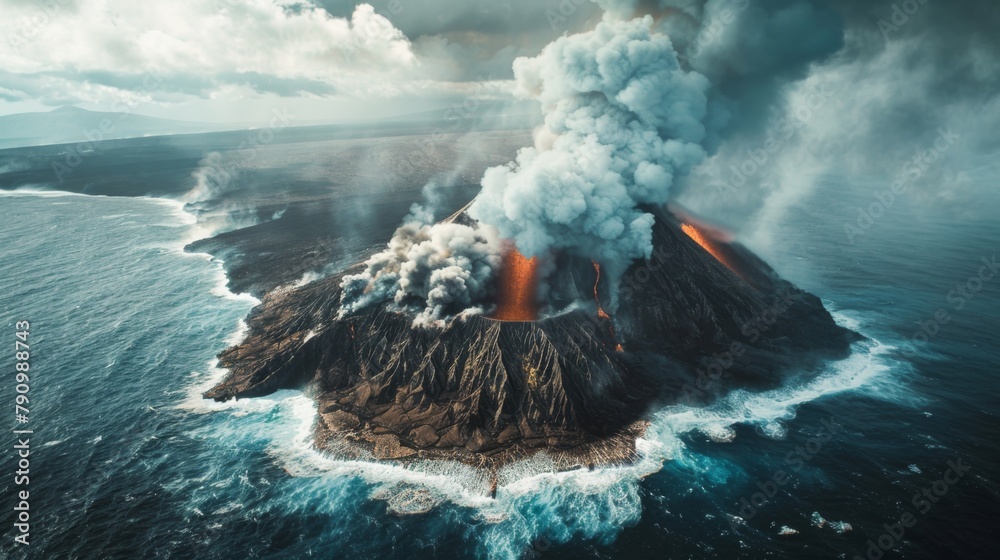 Aerial view of a volcanic island emerging from the sea as a new ...