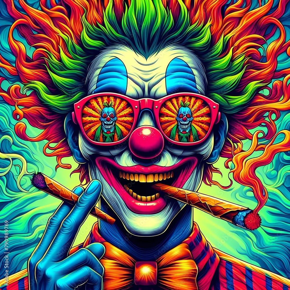 Digital art of a psychedelic clown with sunglasses smoking a blunt ...