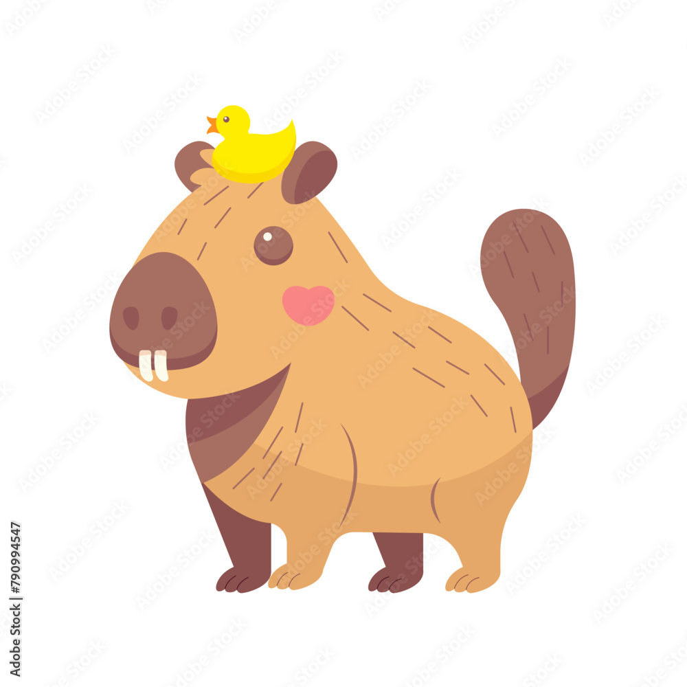 Cute Capybara with yellow rubber duck on head. Fanny Amusing kawaii ...